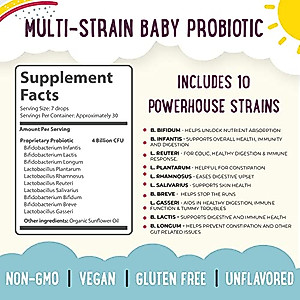 Mama Natural Baby Probiotic Drops (0.28 Fl Oz) | 4 Billion CFU Pediatrician-Tested Infant Probiotic Helps with Colic Relief for Newborns & Constipation Ease for Infants - Unflavored Baby Gas Drops