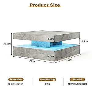 HedoAjim LED Coffee Table for Living Room, Living Room Table 2-Tier Square Middle Center Table, Modern Coffee Tables with Storage, Contemporary Wood Tea Tables for Dining Reception, Grey