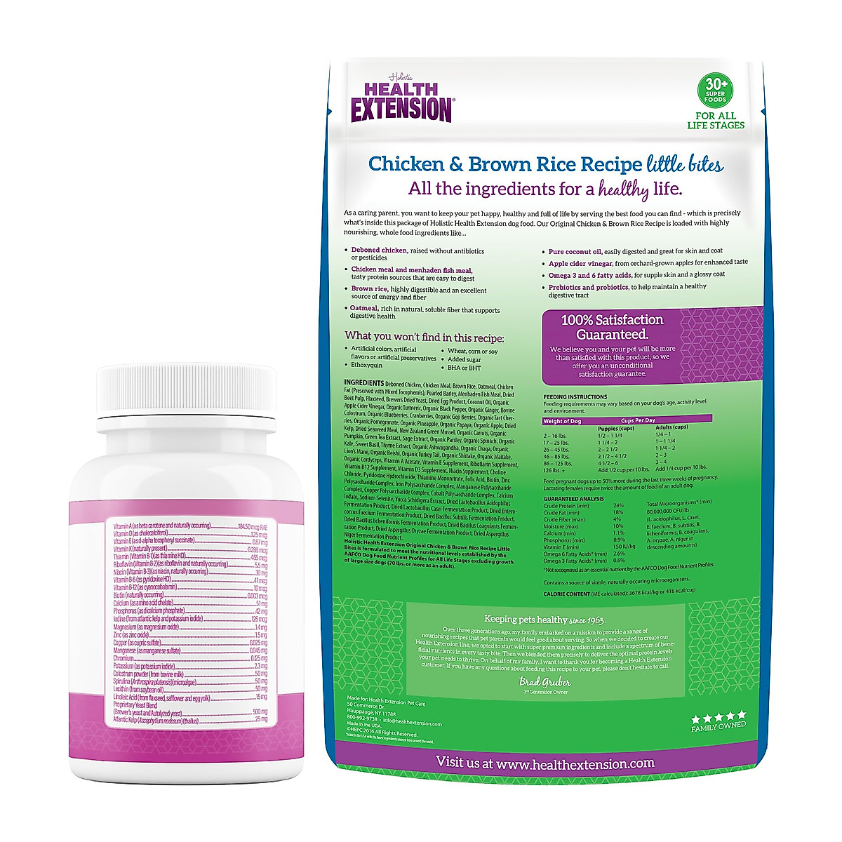 Health Extension Bundle - Little Bites Dry Dog Food Chicken & Brown Rice Recipe (4 lbs) & Multivitamin (30 Tablets) - High-Protein, Balanced Nutrition for Dogs of All Life Stages