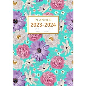 Planner 2023-2024: A5 Weekly and Monthly Organizer from June 2023 to May 2024 | Elegant Rose Peony Flower Design Turquoise