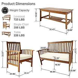 VINGLI Outdoor Patio Furniture, 4 Piece Acacia Wood Sofa Set w/Coffee Table, Patio Table and Chairs Set, Outdoor Patio Lounge Conversation Set for Deck, Backyard, Balcony