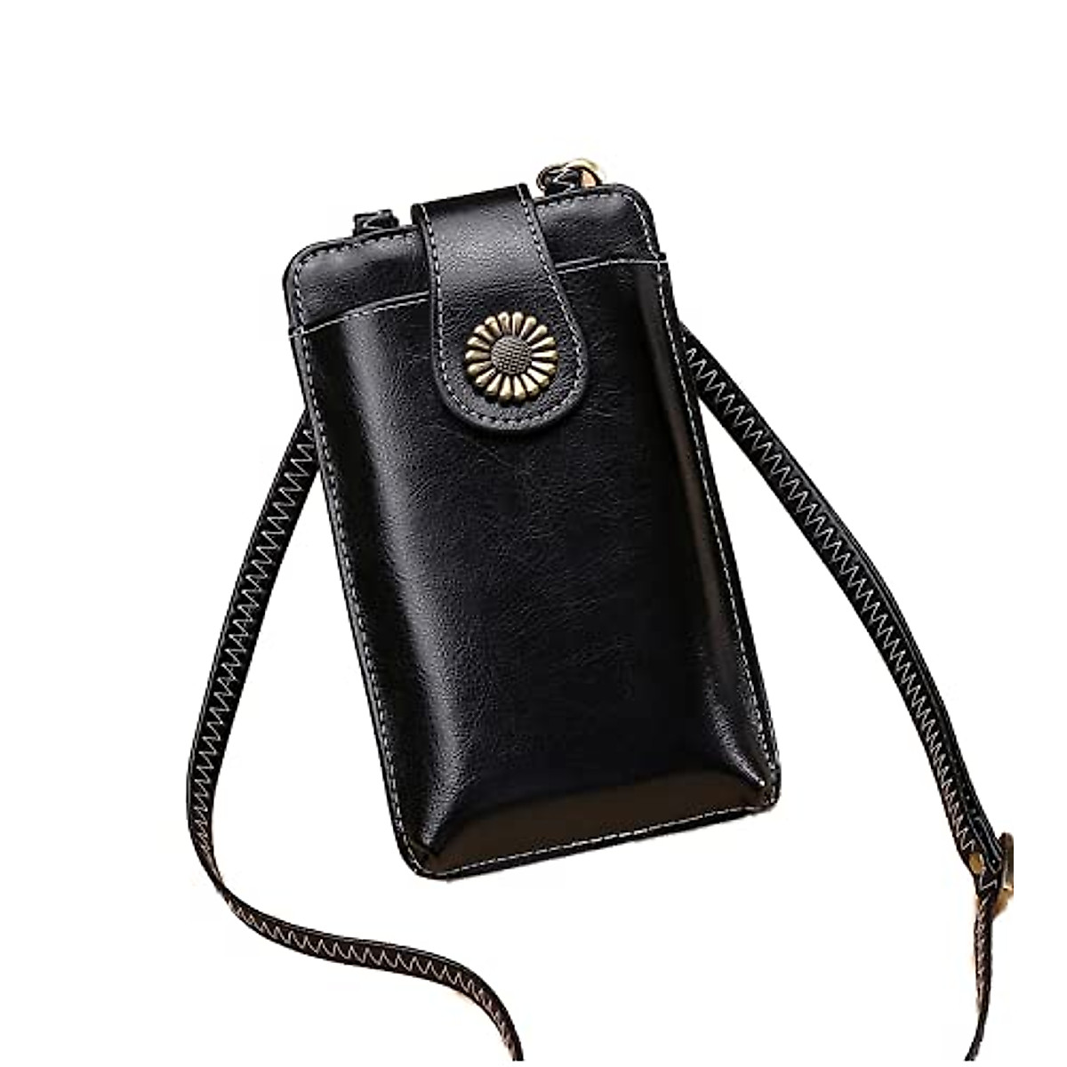 Small Crossbody Leather Cellphone Purses for Women Cowhide wallet shoulder tote with card holder and cash organizer Fashion Travel Designer handbags, phone bag, sunflower deco magnetic buckle - BLACK