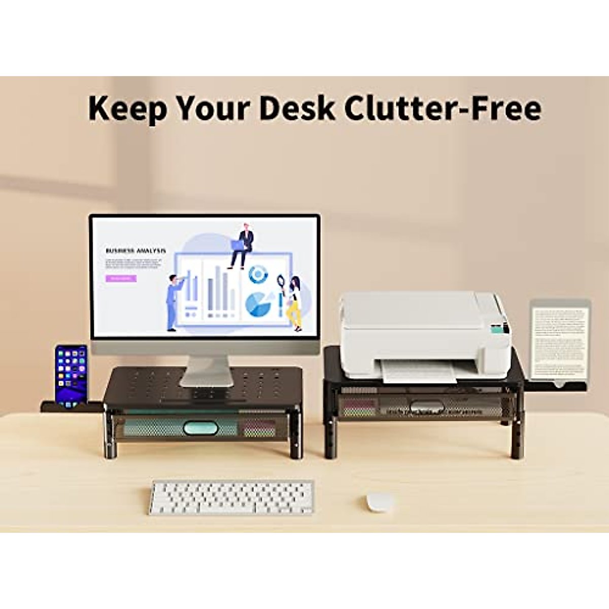Zimilar Monitor Stand Riser with Metal Mesh Drawer, Height Adjustable Monitor Riser with Phone Holder for Computer, Laptop, Printer, Notebook, Premium Metal Computer Monitor Stand with Storage