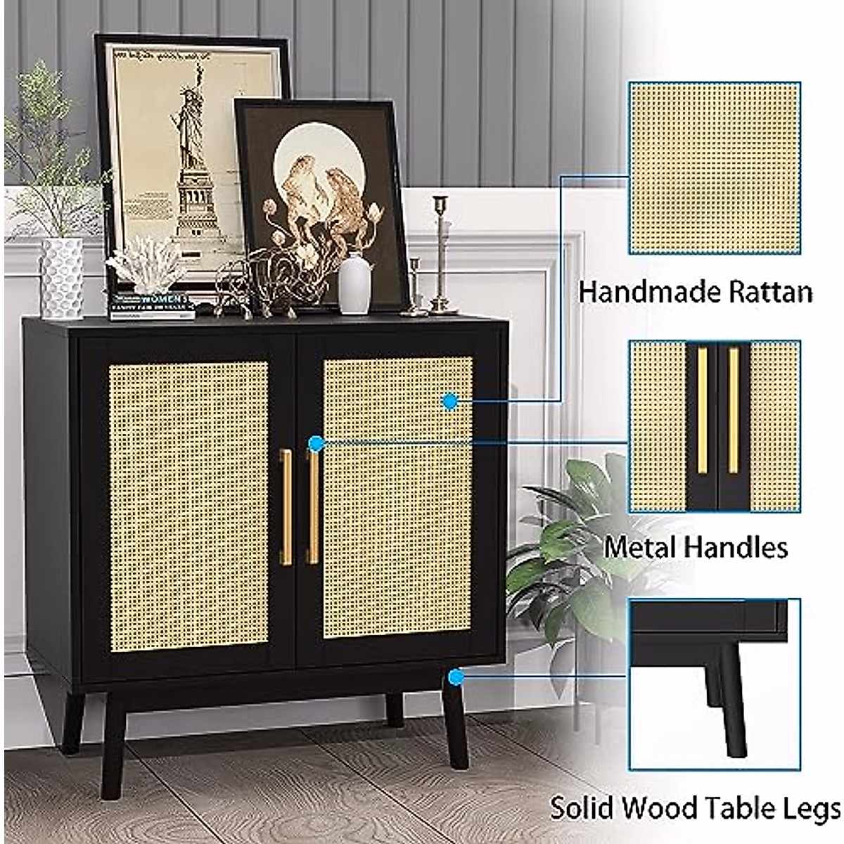 RESOM Black Rattan Accent Storage Cabinet, Sideboard Buffet Cabinet with Rattan Doors, Modern Wood Cabinet for Living Room, Dining Room, Kitchen, Entryway and Hallway