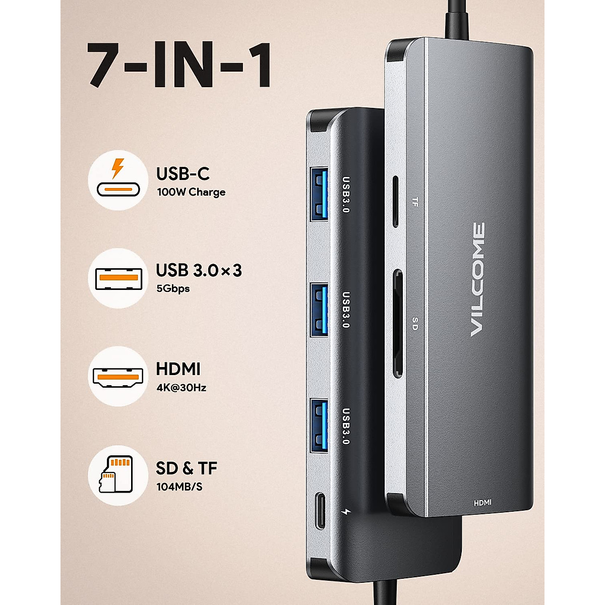 USB C Hub, Vilcome 7-in-1 USB C to 4K HDMI Multiport Adapter, with SD/TF Card Reader, 3 USB 3.0 Ports, and 100W Power Delivery, for MacBook Pro Air, Pixelbook, XPS, and More