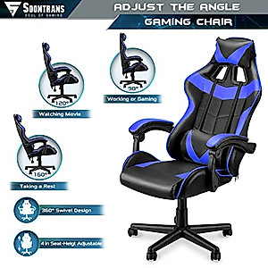 Soontrans Blue Gaming Chairs with Massage,Ergonomic Computer Gamer Chair,Game Chair with Adjustable Headrest and Lumbar Support (Storm Blue)