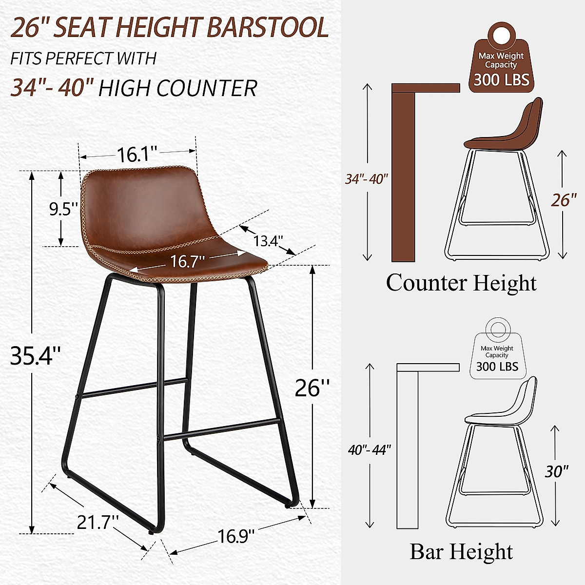 HeuGah Bar Stools Set of 4,Faux Leather Counter Height Bar Stools,26" Bar Chairs with Back,Modern Counter Stool for Kitchen Island