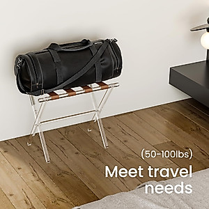Sumerflos Acrylic Luggage Rack for Guest Room - Foldable Suitcase Stand with Leather Straps for Bedroom Living Room Hotel Heavy-Duty, Holds up to 50-100 lb lightweight Space Saving (Brown & Handle - 1 Pcs)