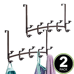 mDesign Decorative Metal Over Door 10 Hook Storage Organizer Rack for Coats, Hoodies, Hats, Scarves, Purses, Leashes, Bath Towels, Robes, Clothing - Hydra Collection - 2 Pack - Bronze