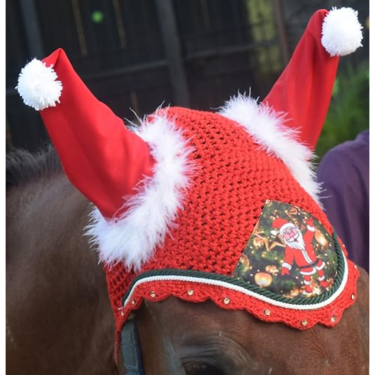 Santa Claus Christmas Horse Fly Bonnet Net Hat Hood Mask Fly Veil Full Hand Made Cotton (Horse/Full)