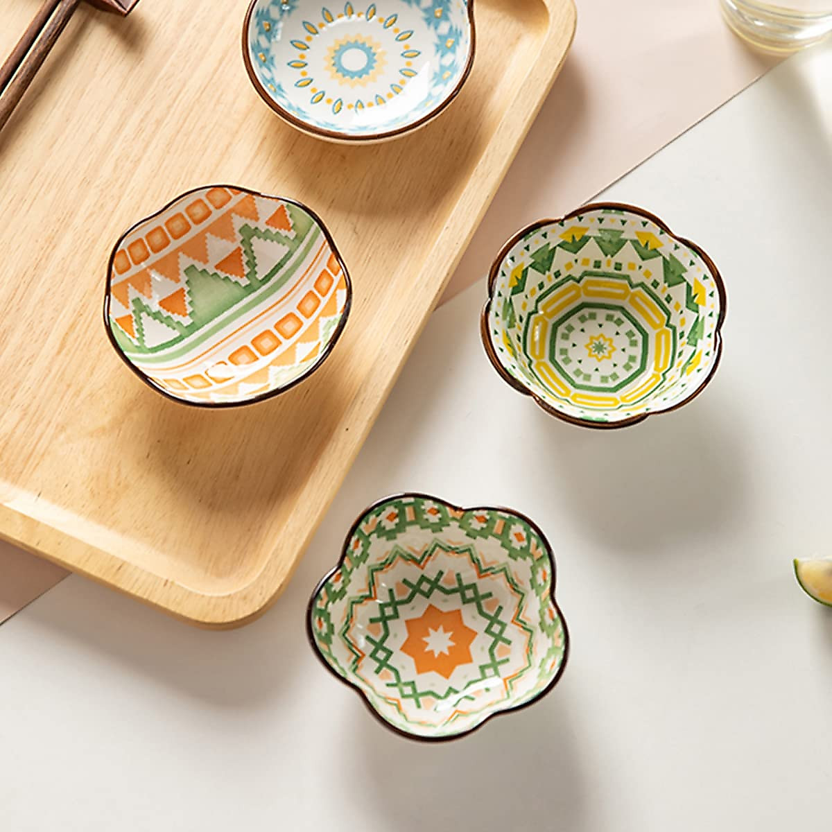 RareCi Dip Bowls 4 Oz - 6-Pack Little Dipping Bowl Set - Mini Ceramic Bowl - Small Condiment, Appetizer, Snack, Soy Sauce Dish - Cute Serving Bowls for Parties(Lotus)