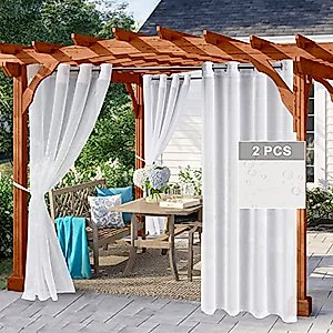 Hiasan Outdoor Sheer Curtain for Patio Waterproof Wind Blowing Curtains Panels with Grommet Top and Tiebacks in Porch Pergola Cabana Gazebo Deck Set of 2 Panels (W52 x L84,White)