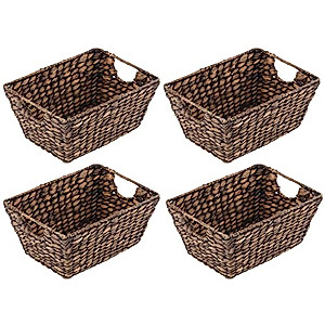 mDesign Natural Woven Hyacinth Closet Storage Organizer Basket Bin for Kitchen Cabinets, Pantry, Bathroom, Laundry Room, Closets, Garage - 4 Pack - Dark Brown