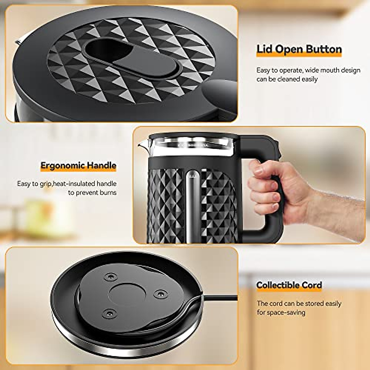 Electric Kettle, 1.7L Hot Water Kettles Upgraded One Wipe Clean Bottom, Quiet Water Boiler with LED Indicator, Glass Tea Kettles for Boiling Water, Auto Shut-Off & Boil-Dry Protection, Black