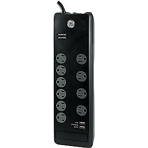 GE Surge Protector with 10 Outlets and 2 USB Ports, Twist-to-Lock, Black, 13476