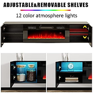 AMERLIFE Floating TV Stand with 36" Electric Fireplace, High Gloss Finish Wall Mounted Fireplace Entertainment Center with Storage for TVs Up to 78", Black