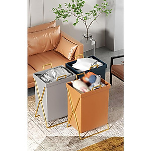 JITEM Cesto X-Frame Collapsible Laundry Basket w/Leather Bag Sorter Organizer Black/Gold Metal Frame Laundry Hamper Luxury Folding Dirty Clothes Basket w/Lid Dorm Washing Bin