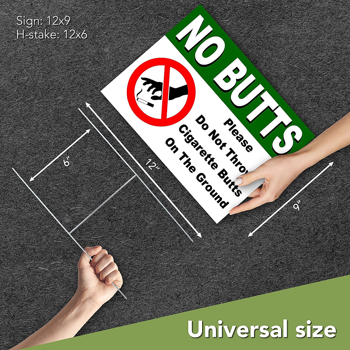 2 PC No Cigarette Butts Signs - 12 x 9 Coroplast No Butts Signage with Stake - No Littering Sign Outdoor - Please Do Not Throw Cigarette Butt Signs
