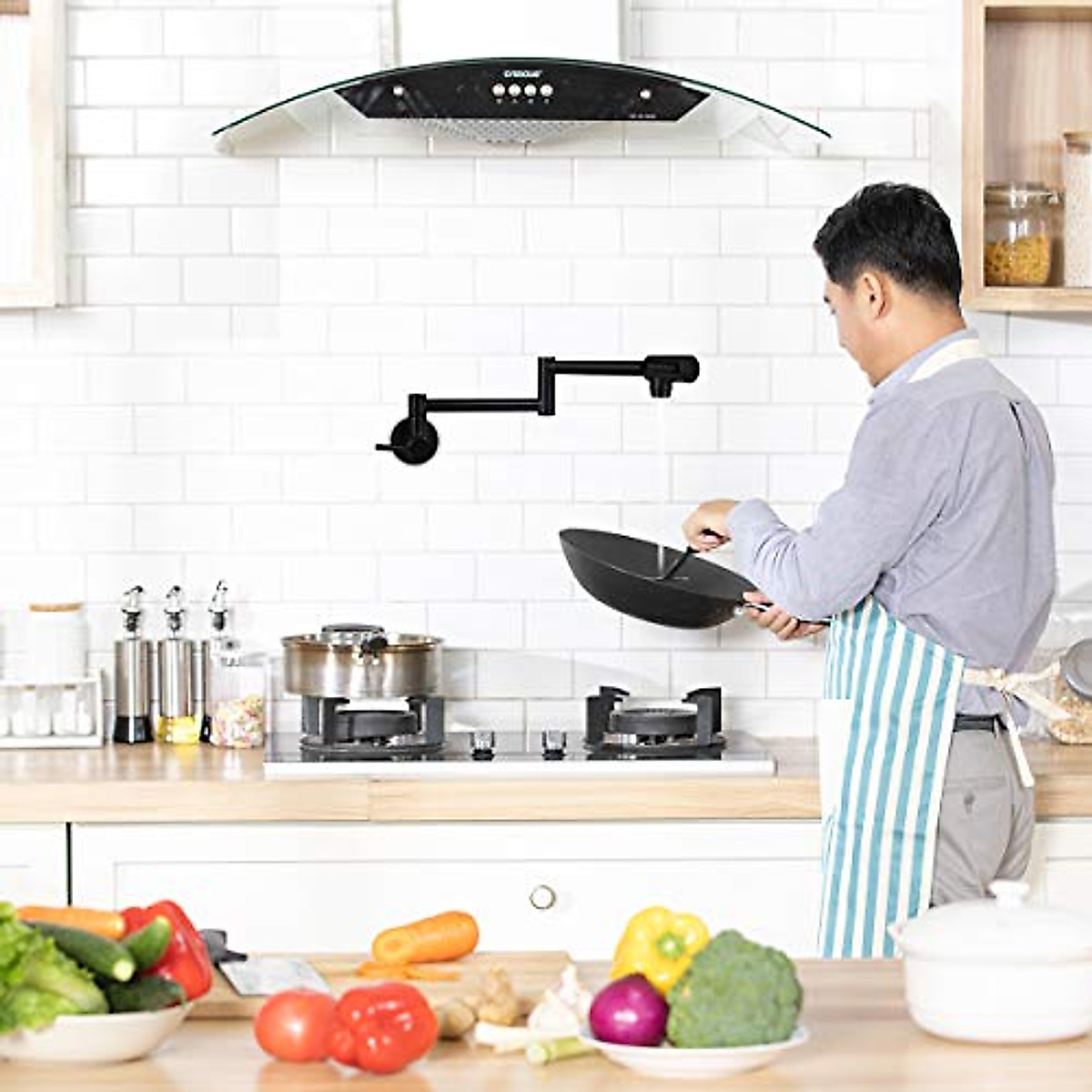 KWODE Matte Black Pot Filler Faucet Wall Mount Commercial Kitchen Sink Faucet Double Joints Folding Stretchable Swing Arm with Single Hole 2 Handles Brass