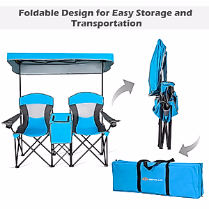 Goplus Double Beach Chair with Canopy Shade, Folding Lawn Camping Chairs with Sunshade & Mini Table Beverage Holder & Carrying Bag for Outdoor Travel Hiking Fishing Poolside (Blue)