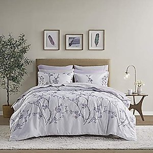 Comfort Spaces Bed in A Bag - Trendy Casual Design Cozy Comforter with Complete Sheet Set with Side Pocket, All Season Cover, Matching Shams Queen(90"x90"), Kate, Grey/Purple 9 Piece