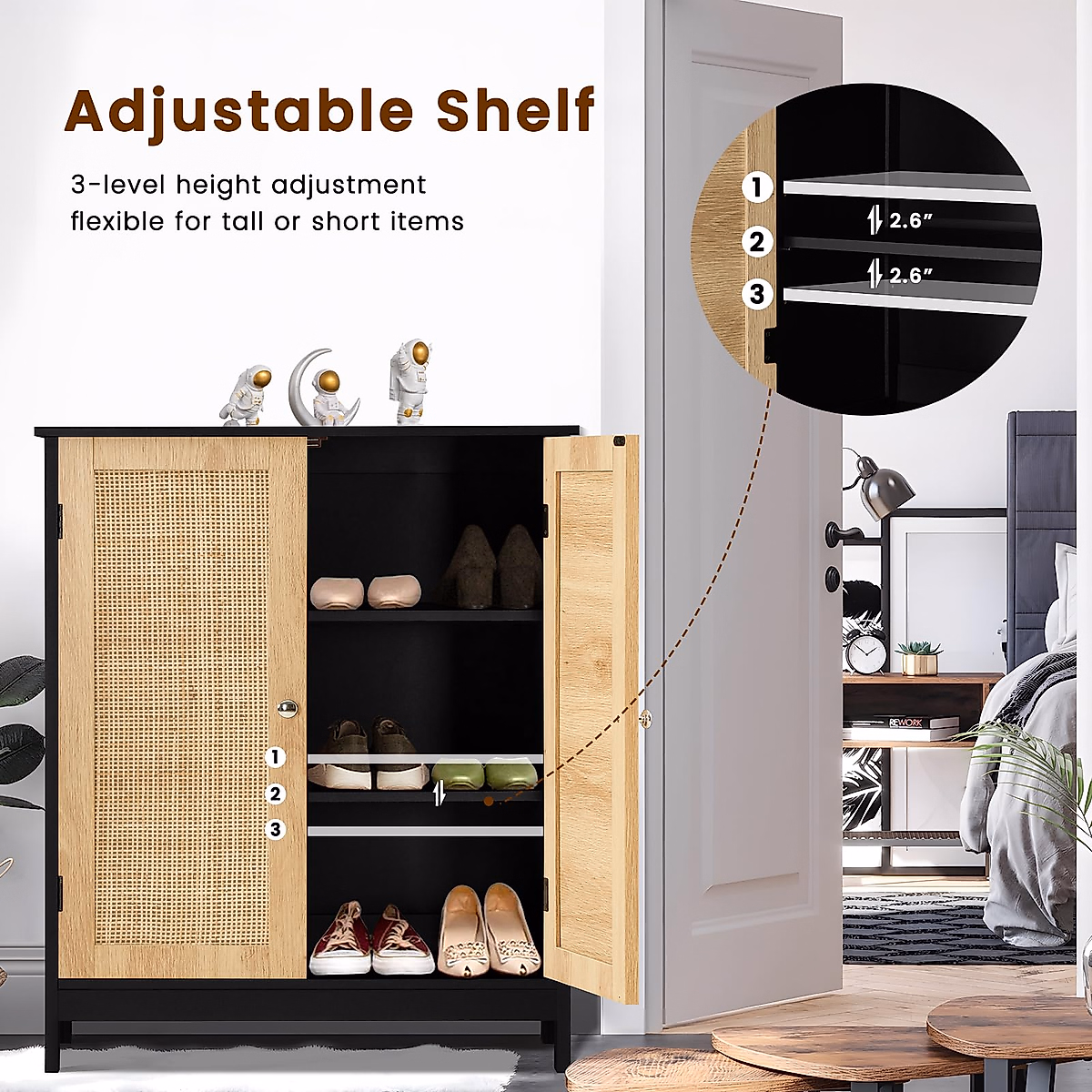 Iwell Storage Cabinet with Rattan Doors, Bathroom Storage Cabinet with Adjustable Shelf, Floor Cabinet for Living Room, Entryway, Kitchen, Home Office, Black