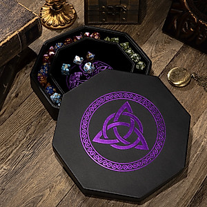 DND Dice Tray - Premium 8 Inch Tray Dungeons and Dragons - Exquisitely Detailed Purple World Tree & Triquetra Design - Perfect Rolling & Box Storage to Protect Your Dice for D&D and RPG