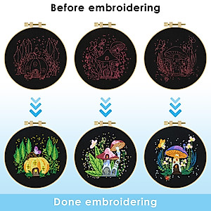 ERKOON 5 Sets Embroidery Kit for Beginners, Art Craft Handy Sewing Set Mushroom Cross Stitch Starter Kits, DIY Embroidery Kits with Patterns and Instructions Hoops Needles Threads