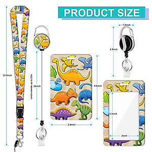 BUDUOZHI ID Badge Holder with Lanyard and Retractable Badge Reel Clip, Cartoon Dinosaur Breakaway Lanyard Name Card Vertical ID Protector, ID Card Holder Keychain Name Badge Clip for Women Men