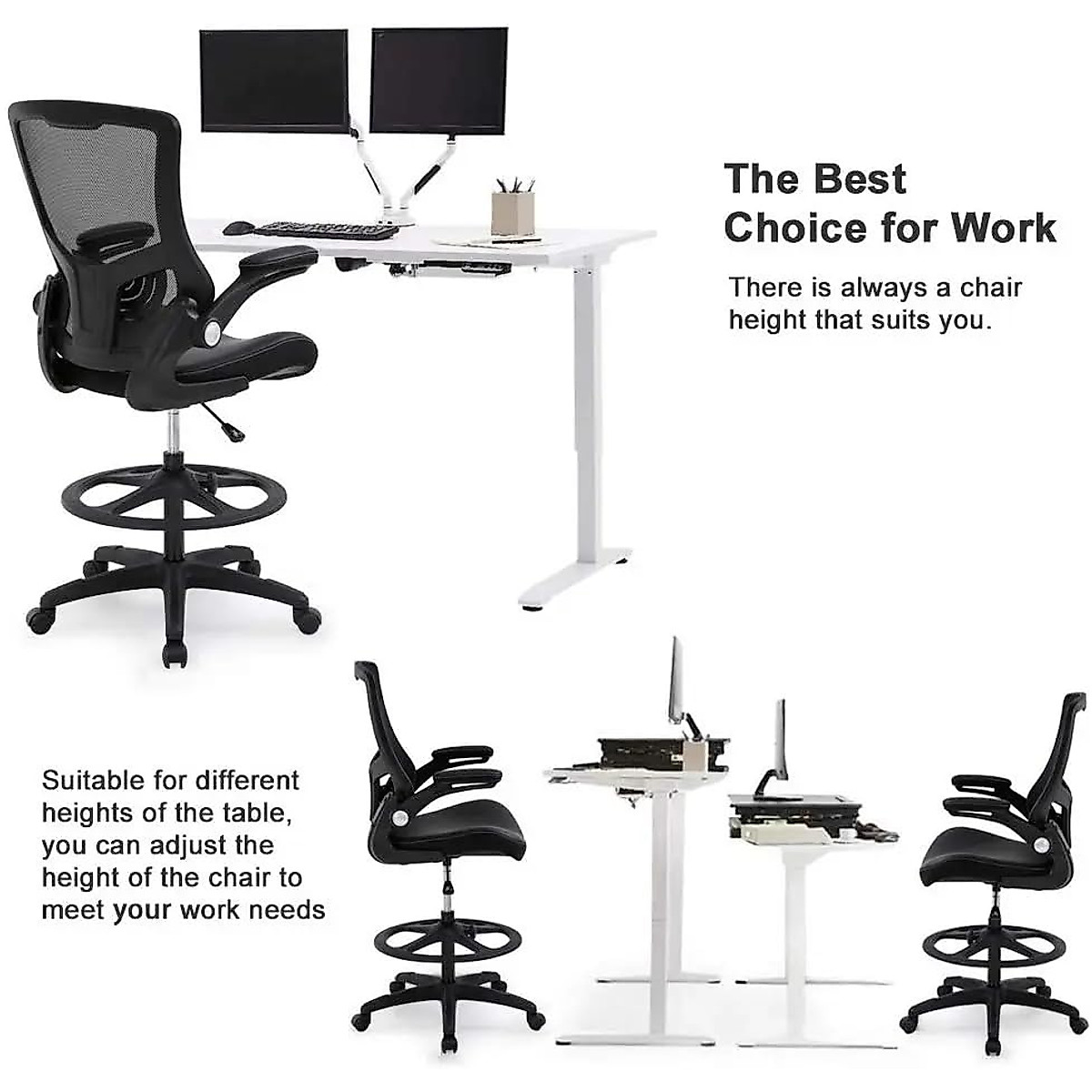 Drafting Chair Tall Mesh Drafting Stool for Standing Desk, Adjustable Bar Height Reception Office Chair with Flip-Up Arms & Foot-Ring, Ergonomic Mesh Computer Drafting Stool for Home Office Working