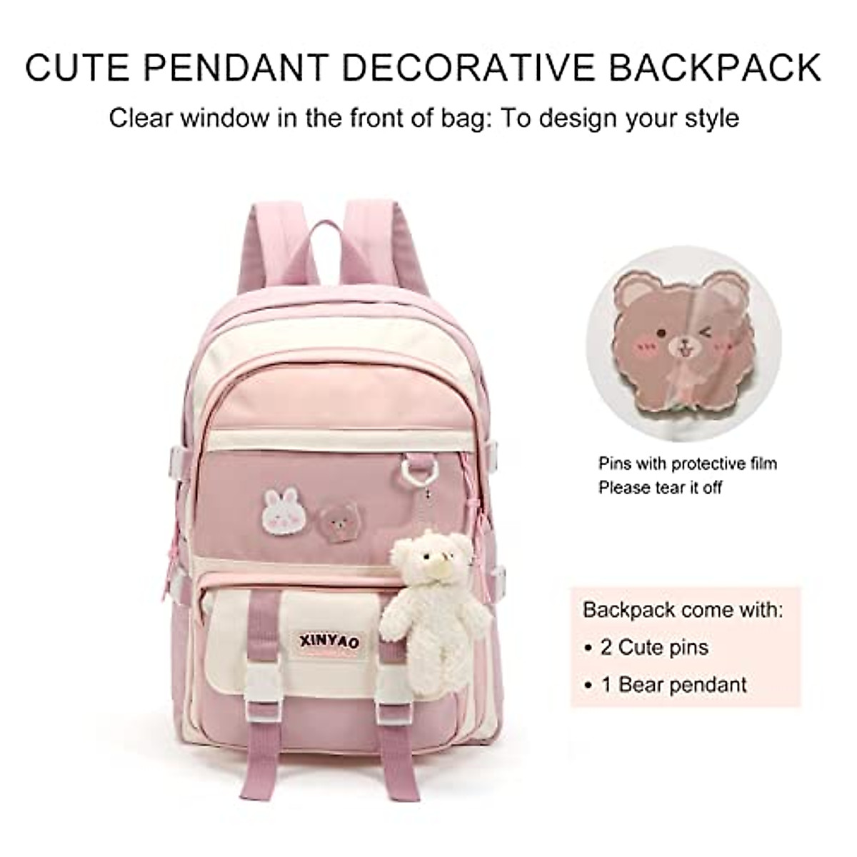 Phaoullzon Kawaii Backpack for School Aesthetic Bookbag Cute Anime Backpacks for Girls with Pins and Pendant, Pink