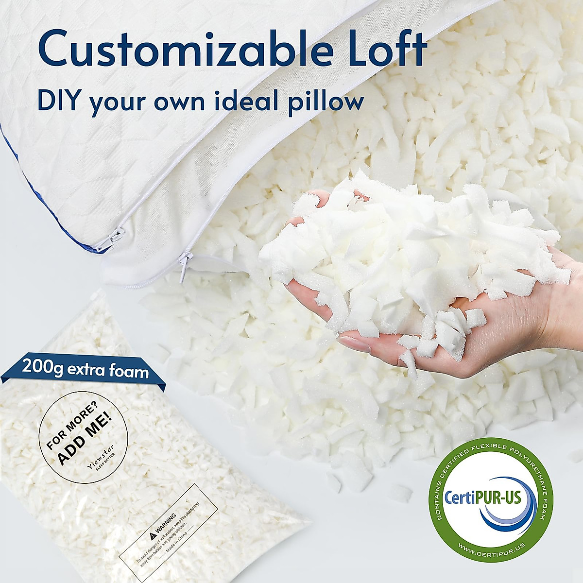 viewstar Shredded Memory Foam Pillows Queen Size Set of 2, Adjustable Firm Pillows for Side Back Stomach Sleepers, Bed Pillows with Washable Removable Cover 19"x 28"