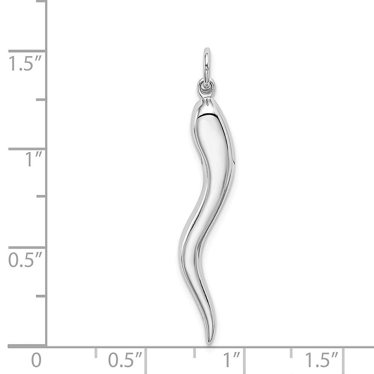 14k White Gold Solid 3-Dimensional Large Cornicello Italian Horn Protection Charm Pendant - 40mm x 5mm