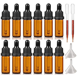 12Pcs 5ml Amber Glass Dropper Bottle with Glass Pipette, Glass Eye Dropper Bottles Refillable for Essential Oil Aromatherapy Blends