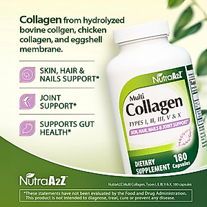NutraA2Z Multi Collagen Pills 1735mg -180 Collagen Capsules (60 Servings) - Types I, II, III, V & X for Healthy Skin, Hair, Nails & Joint Support