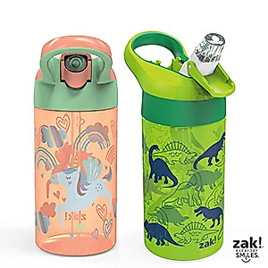 Zak Designs 16oz Riverside Kids Water Bottle with Spout Cover and Built-in Carrying Loop, Made of Durable Plastic, Leak-Proof Water Bottle Design for Travel (Unicorn & Dino Camo, Pack of 2)