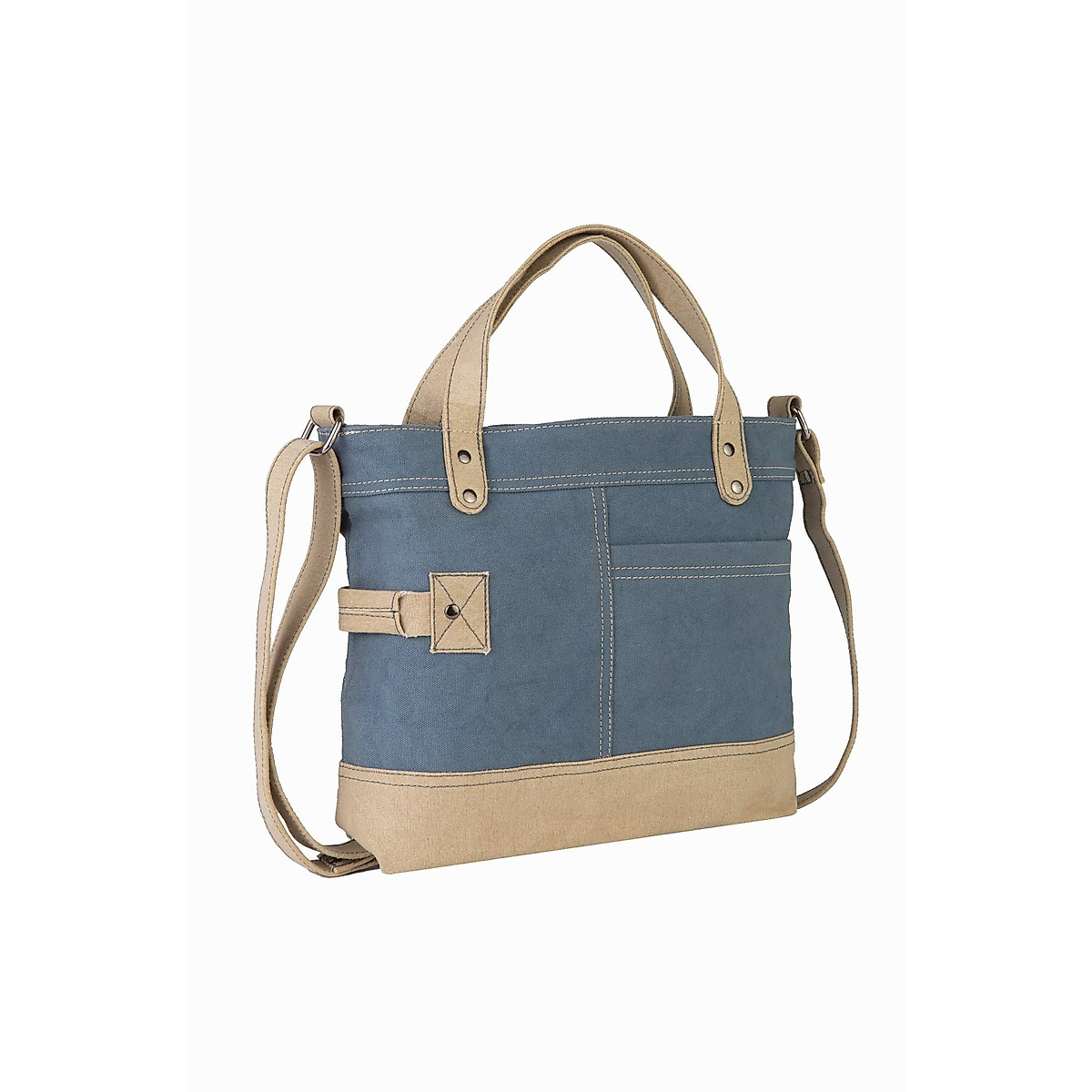 Mona B Canvas Handbag for Women | Zipper Bag | Crossbody Bag | Stylish Vintage Recycled Upcyled Bags Women (Brown-Jules Dusty Blue)