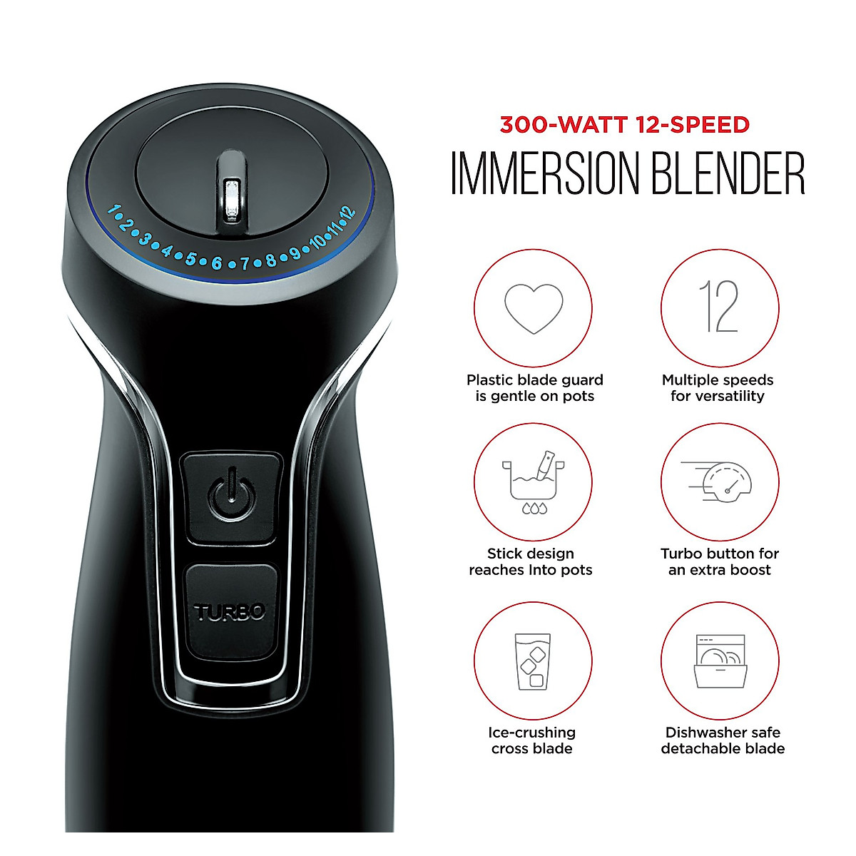Chefman Immersion Blender 300-Watt Turbo 12 Speed Stick Hand Blender, Powerful Ice Crushing Design Purees Smoothies, Sauces & Soups, Detachable Heat Resistant Plastic Blade Guard Protects Pots, Black