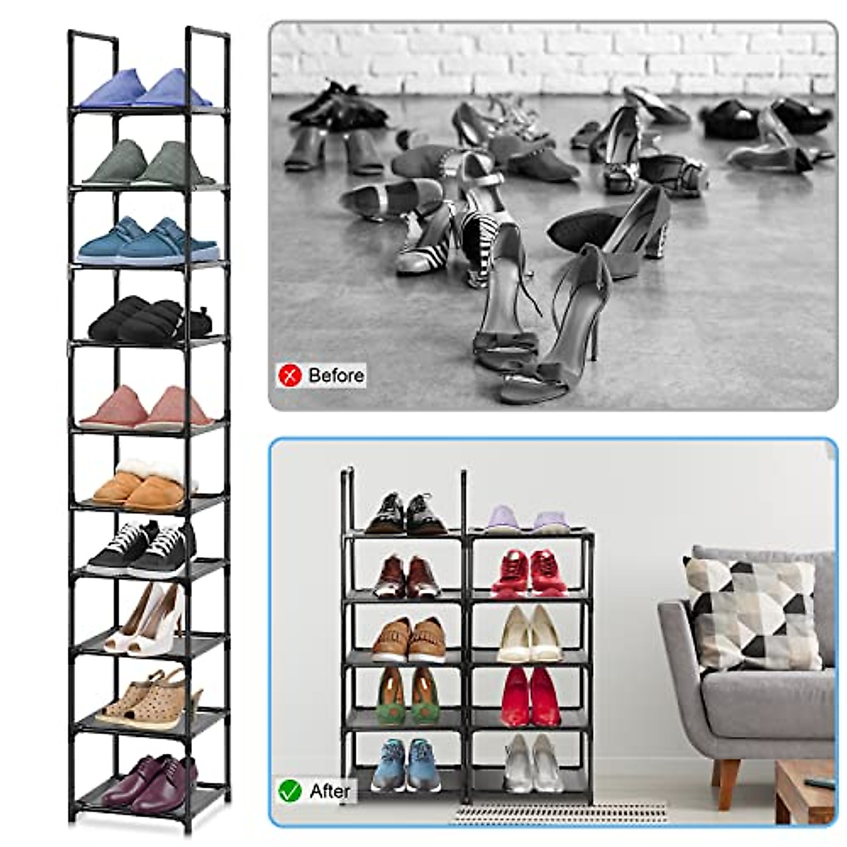 Hossejoy 10 Tier Shoe Rack, Metal Shoe Shelf Storage, Tall Vertical Storage Organizer Stand, Home Shoe Tower with Non-Woven Fabric for Narrow Space, Cloakroom, Entryway, Grocery Room (Black)