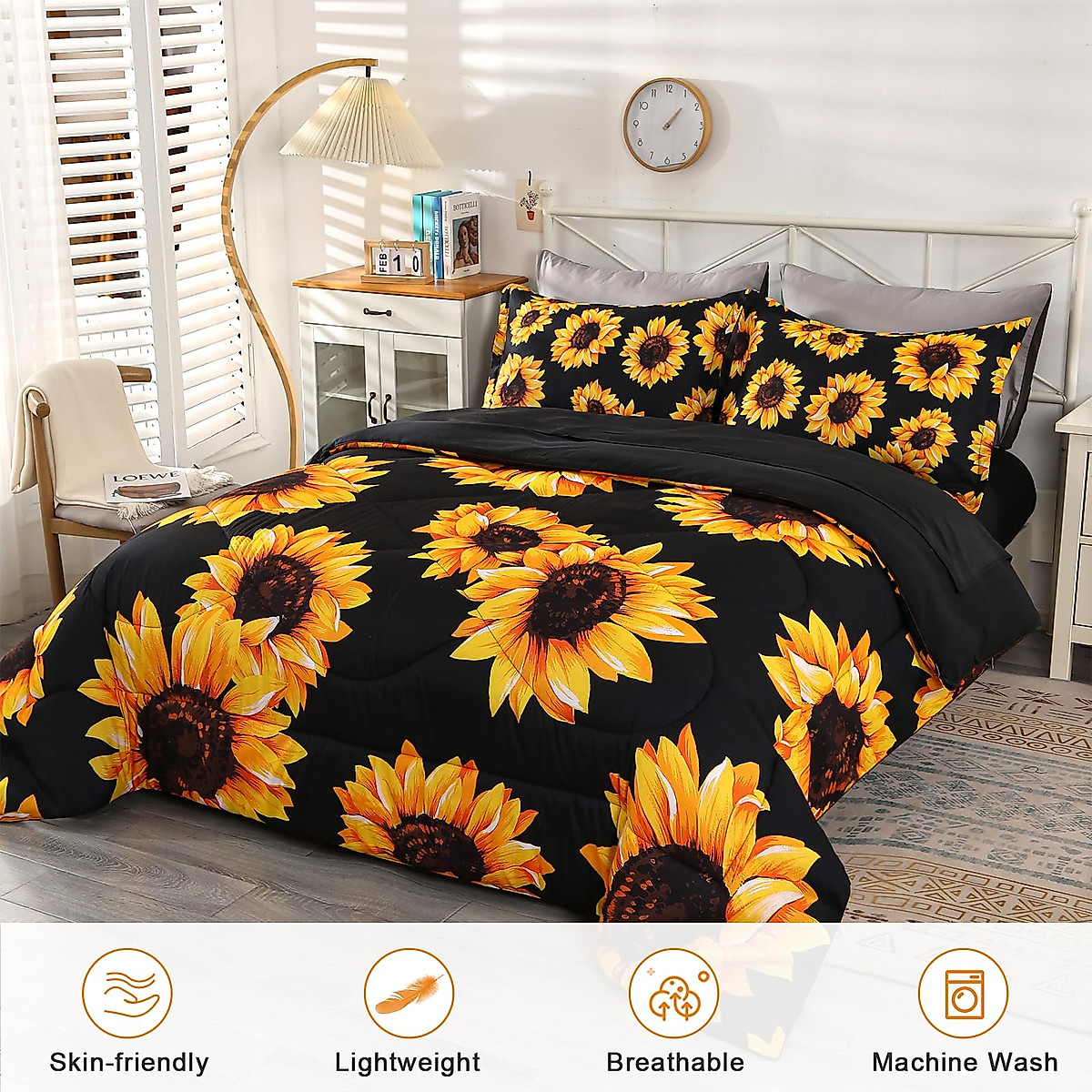 Wowelife Sunflower Bedding Set Sunflower Full Size Comforter Sets, 5 Piece Floral Bag in a Bag, Premium Sunflower Single Bed Set for Girls with Comforter, Flat Sheet, Fitted Sheet and 2 Pillowcases