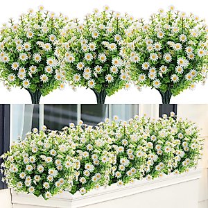 GREENRAIN 24 Bundles Artificial Daisy Flowers Outdoor Fake Flowers for Decoration No Fade Faux Plastic Flower Garden Porch Window Box Décor (White)