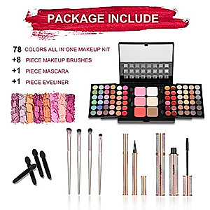 Full Makeup Gift Sets For Women - 78 Colors Makeup Palette Include Eyeshadow,Lipstick,Blush,Contour,Concealer, Mascara, Eyebrow Powder, Eyeliner Pencil, Mirror + 4Pcs Metallic Makeup Brushes