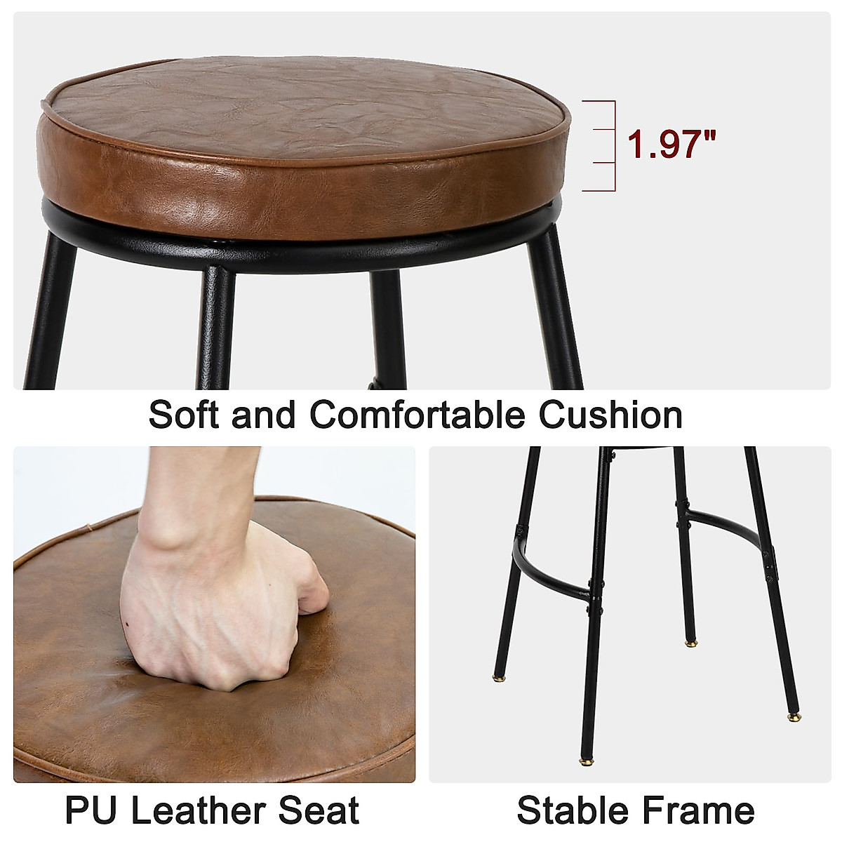 Homaterial Bar Stools, Set of 2 Bar Chairs,Round PU Upholstered Breakfast Stools,Kitchen Counter Height Bar Stools with Footrest, for Dining Room, Kitchen, Rustic Brown