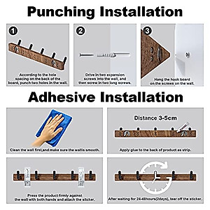 IURRDOP Black Walnut Wood Wall Mount Coat Rack with 5 Hooks,  Adhesive Mounted Rustic Decorative Entryway Hooks, Mid Century Modern Natural Wooden Pegs for Hanging Coat Clothes Hat Bag Purse and Towel