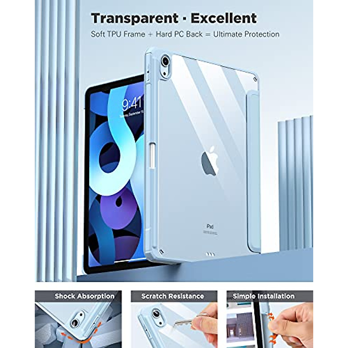TiMOVO Case for iPad Air 5th/4th Generation 10.9 inch, iPad Air 5/4 Case with Pencil Holder, [Support Apple Pencil Charging and Touch ID], Clear Transparent Case with Auto Wake/Sleep, Sky Blue