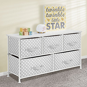 mDesign 21.65" High Steel Frame/Wood Top Storage Dresser Furniture with 5 Fabric Drawers, Wide Bureau Organizer for for Baby, Kid, and Teen Bedroom, Nursery, Playroom, Dorm - Gray/White Polka Dot