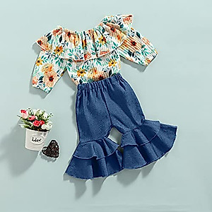 VISGOGO Baby Bell Bottoms Toddler Newborn Girl Outfits Fall Winter 3 6 9 12 18 Months Floral Print Flare Pants for Girls (Dark Blue, 0-3 Months)