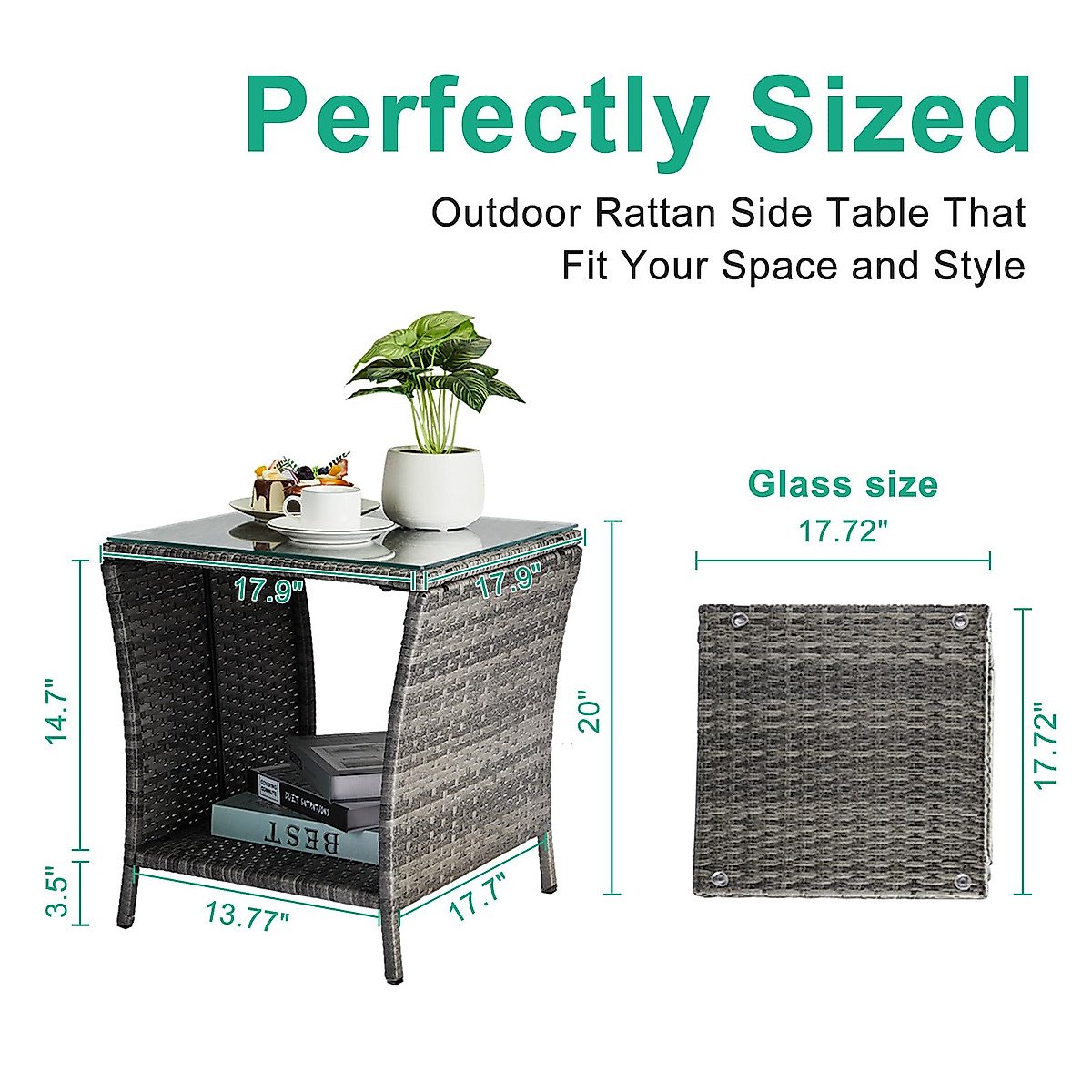 HEPMIMZHU Outdoor Patio Wicker Side Table, Square End Table Bistro Coffee Table with Glass Top Storage Shelf for Porch Garden Backyard Rattan End Table Furniture with Storage (Light Grey)