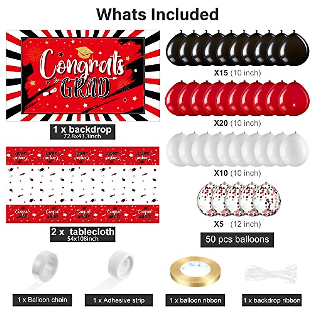 53 Pcs Graduation Decorations 2023 Congrats Grad Backdrop Banner Graduation Tablecloth Congrats Latex Balloons with Ribbons for University High School Graduation Party Supplies (Red and Black)