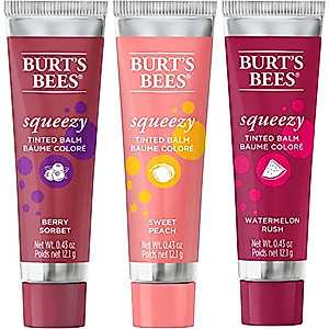 Burt's Bees Christmas Gifts, 3 Lip Care Stocking Stuffers Products, Squeezy Trio Tinted Lip Balm Set - Berry Sorbet, Sweet Peach & Watermelon Rush